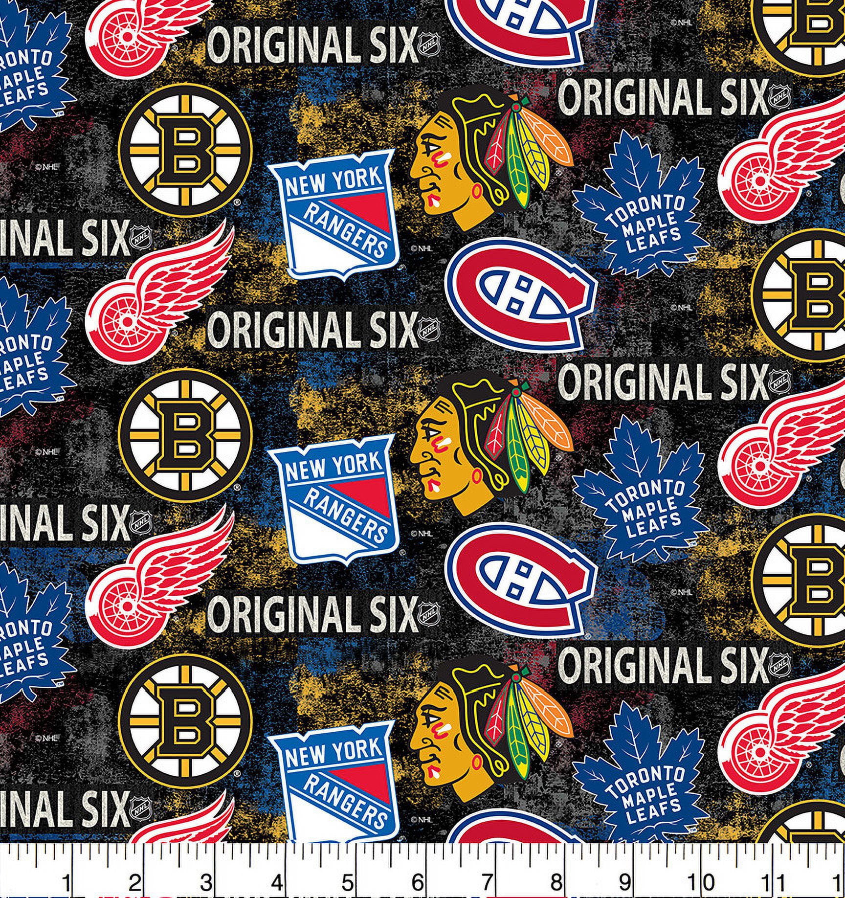 Original Six Cotton Fabric with Distressed Tossed Logos Print and ...