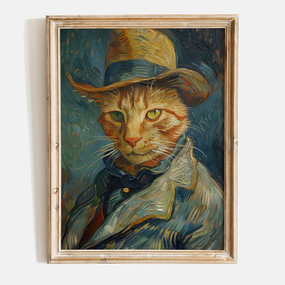 Original Van Gogh Cat Portrait, Antique Cat Oil Portrait Painting ...