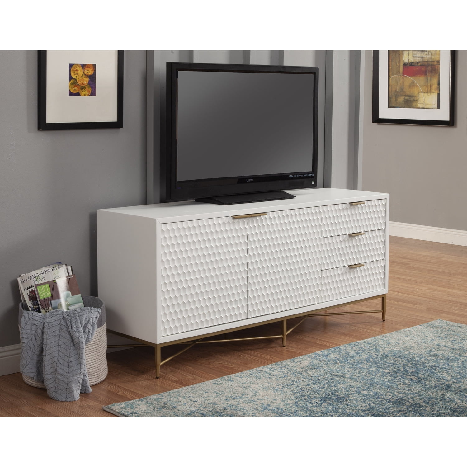 Origins by Alpine White Pearl Wood 64" Wide TV Console in White ...