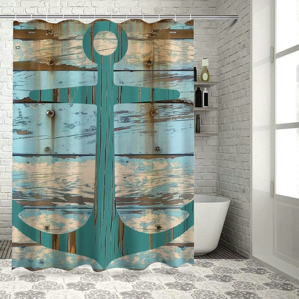 Orinice Anchor Shower Curtain, Timeworn Marine on Weathered Wooden ...