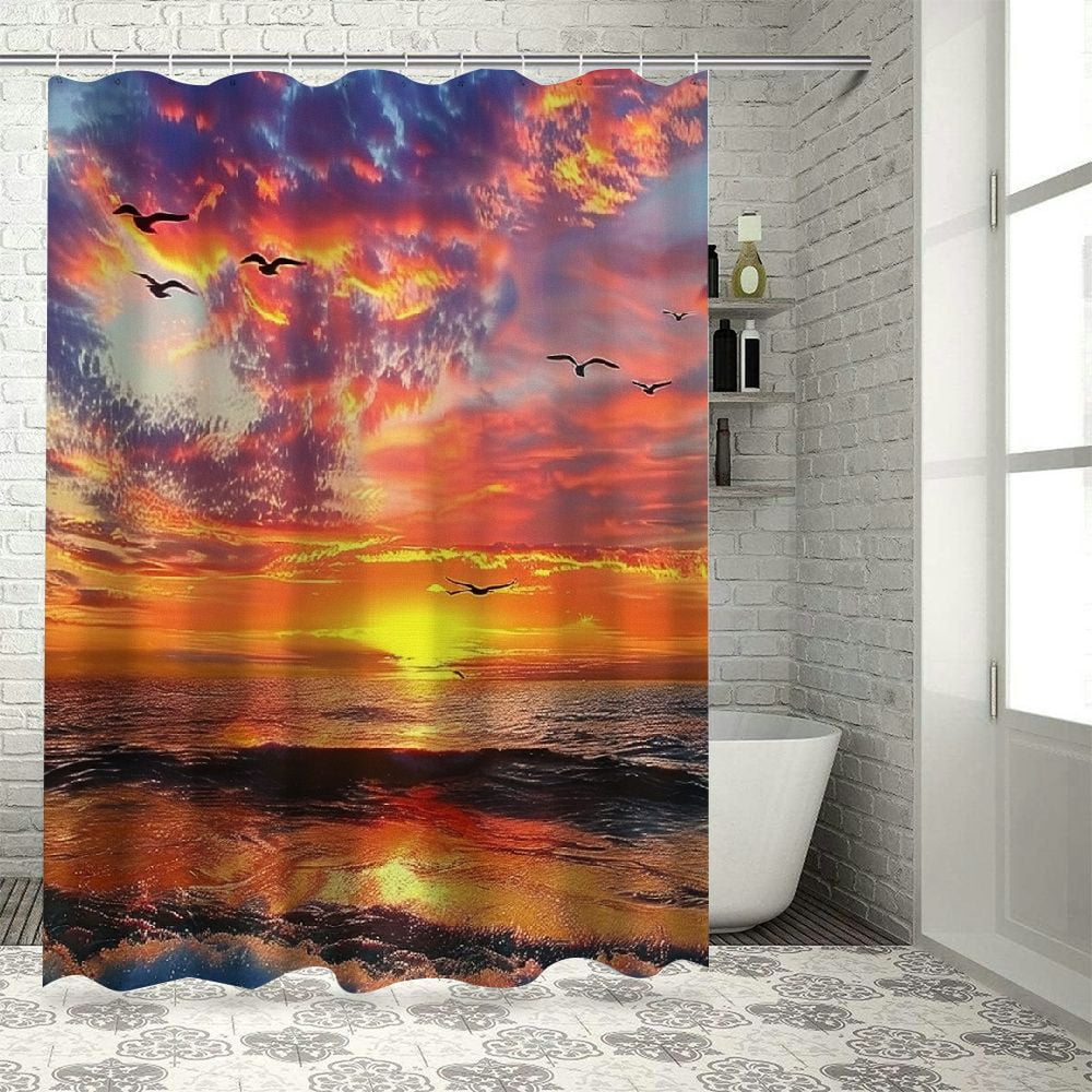Orinice Beach Shower Curtain Seagull Seaside Shower Curtain with 12 ...