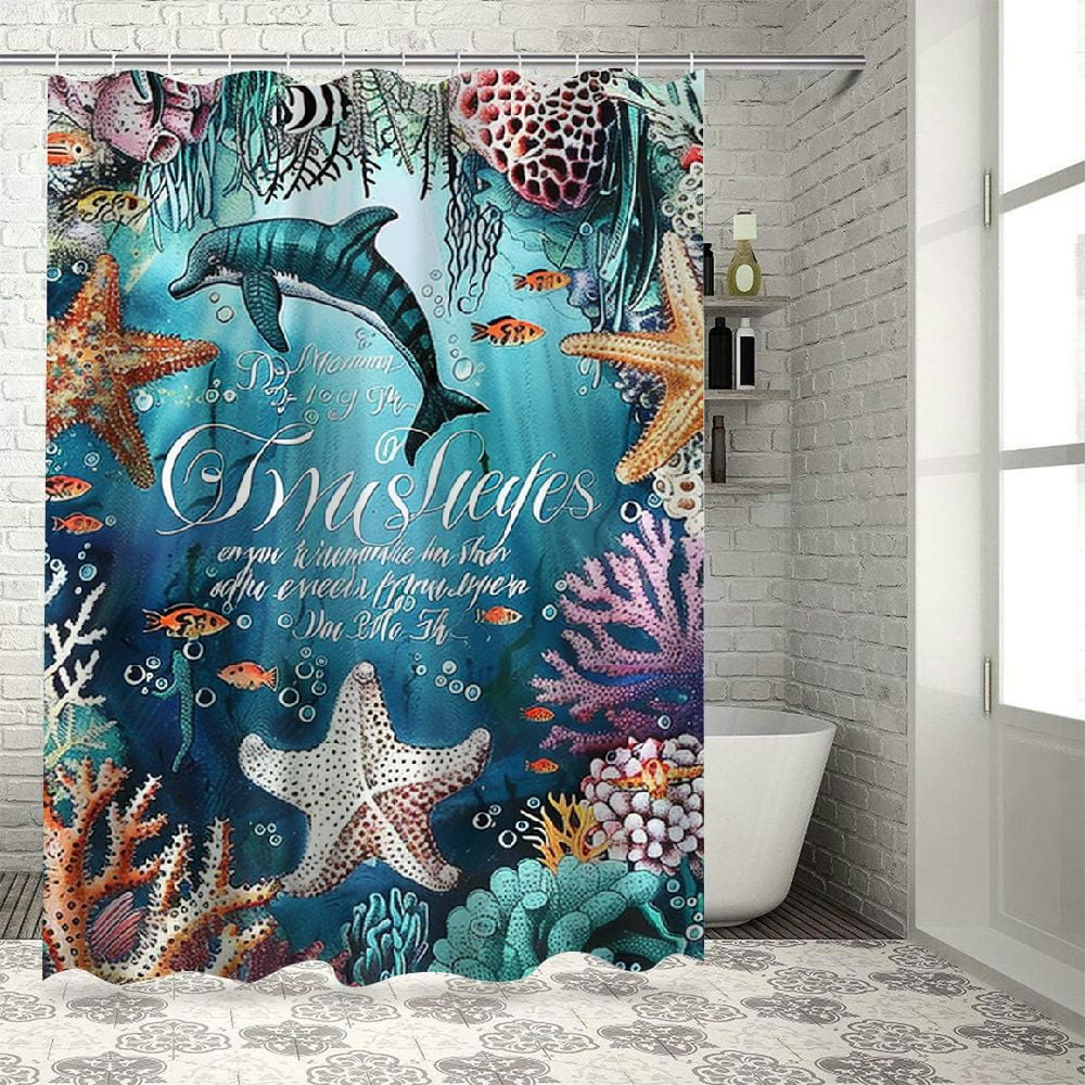 Orinice Beach Turtle Shower Curtain, Teal Sea Turtle Starfish Seashell ...