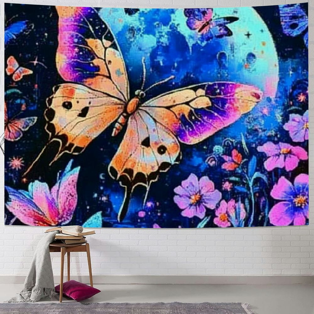 Orinice Blacklight Butterfly Tapestry UV Reactive Floral Plant Tapestry ...