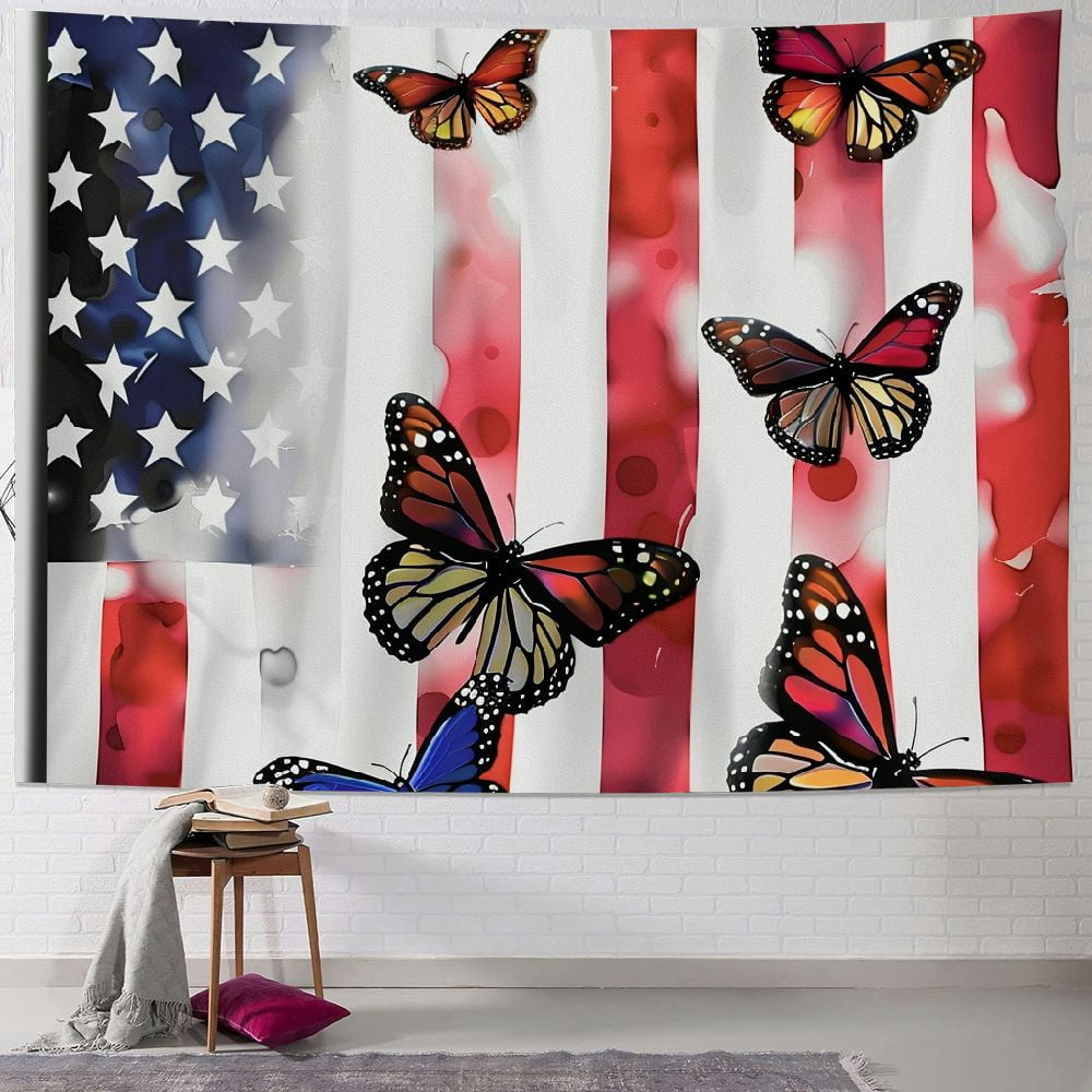 Orinice Butterflies American Flags Digital Art Tapestry Wall Hanging ...