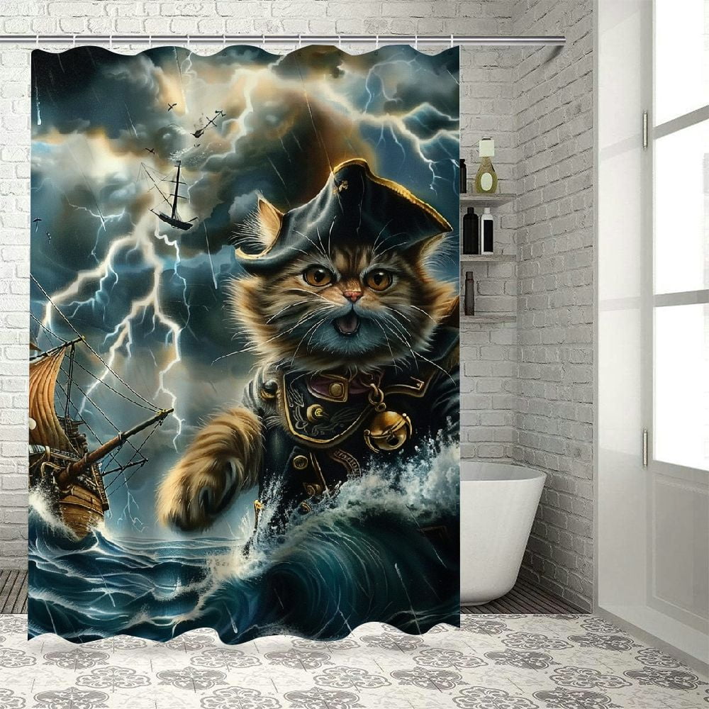 Orinice Cat Shower Curtain, Pirate Kitty Character in The Stormy Ocean Waves Adventure Ship ...