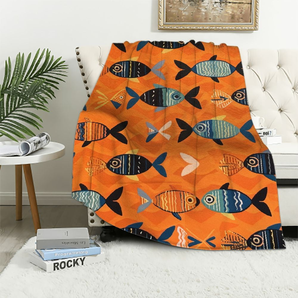 Orinice Fish Pattern Vintage Warm Lightweight Blanket Soft Fleece ...