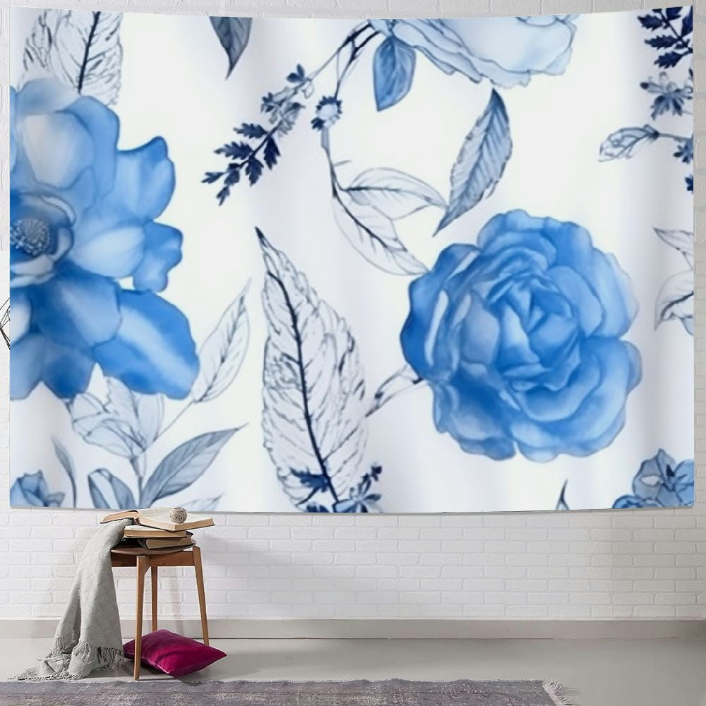 Orinice Floral Tapestry, Blue Flower Tapestry Aesthetic Watercolor ...