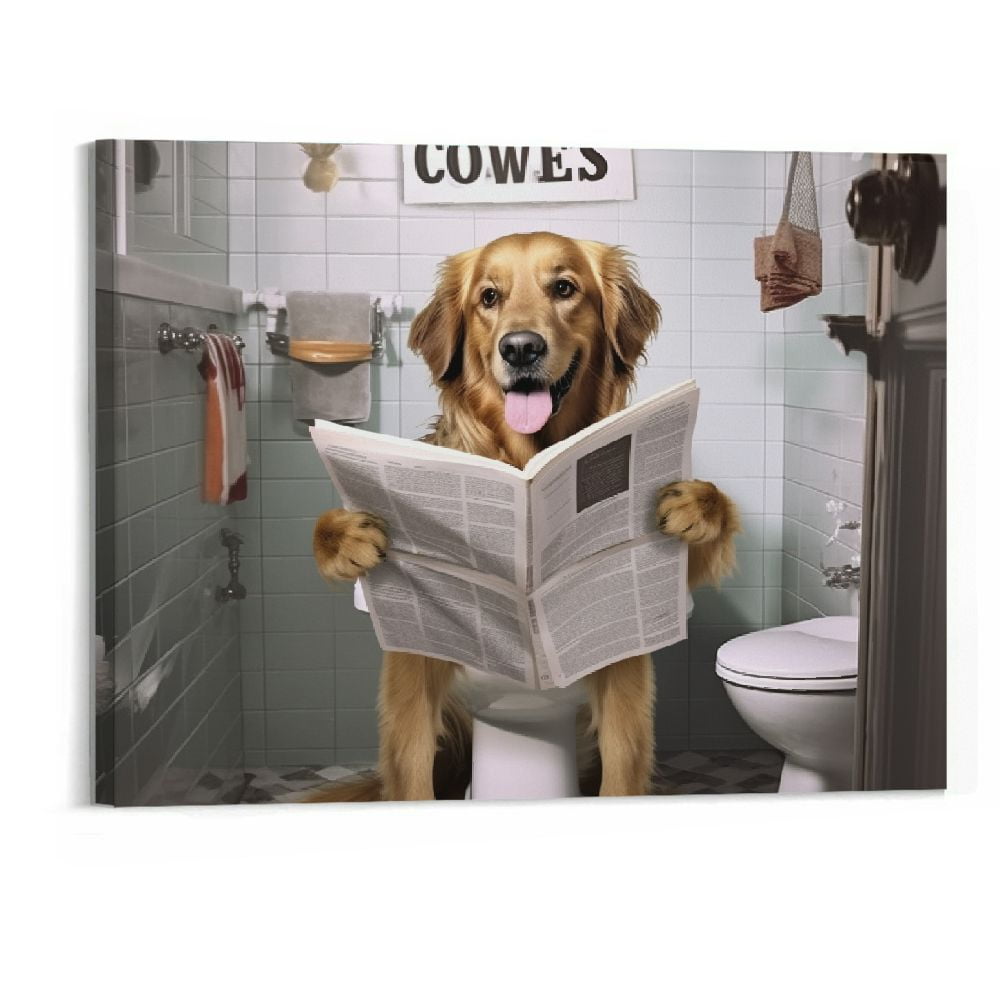 Orinice Funny Dog Wall Art for Bathroom Animal Dog on Toilet Reading ...