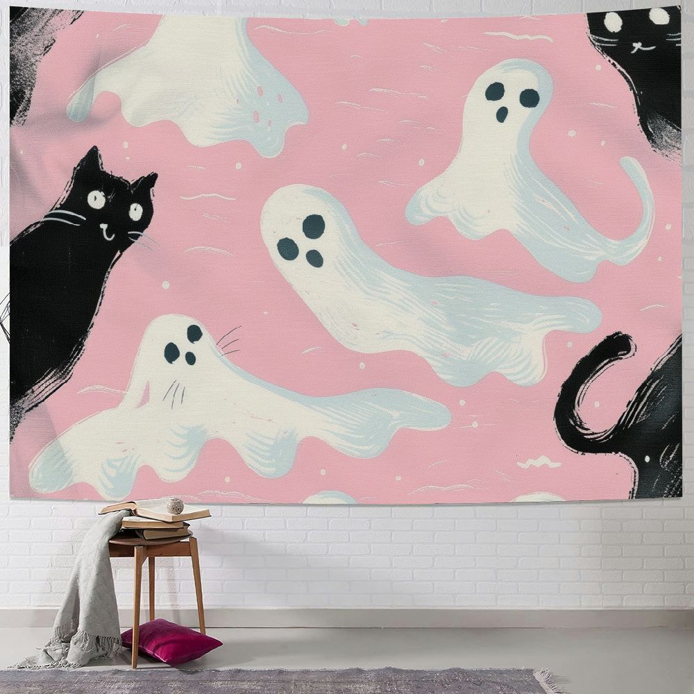 Orinice Ghost Faces Black Cat Spooky Tapestry Wall Hanging Unique Style ...