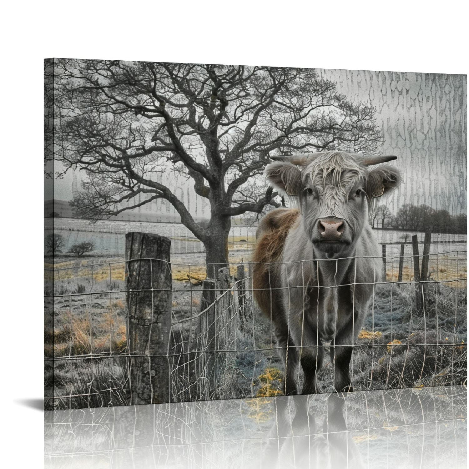 Orinice Highland Cow Canvas Print, Black and White Wall Art, Landscape ...