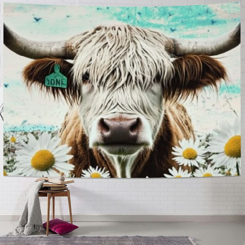 Orinice Highland Cow Kids Tapestry,Daisy Flowers Rustic Farmhouse Wall ...