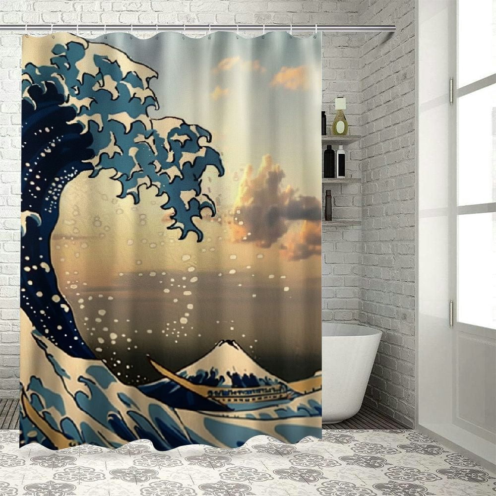 Orinice Hokusai Great Wave Shower Curtain Fabric Ocean Boat Japan Mount ...