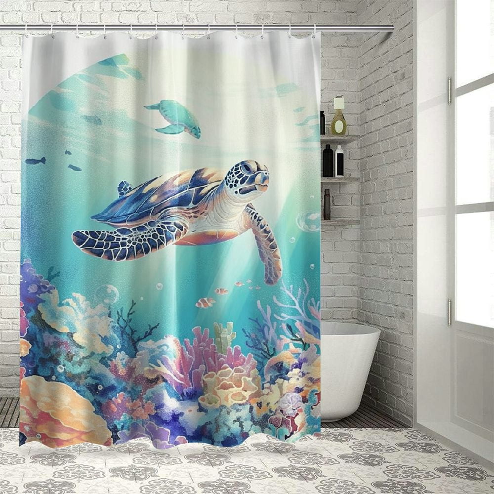 Orinice No Hook Sea Turtle Fish Green Shower Curtain Hookless Bathroom ...