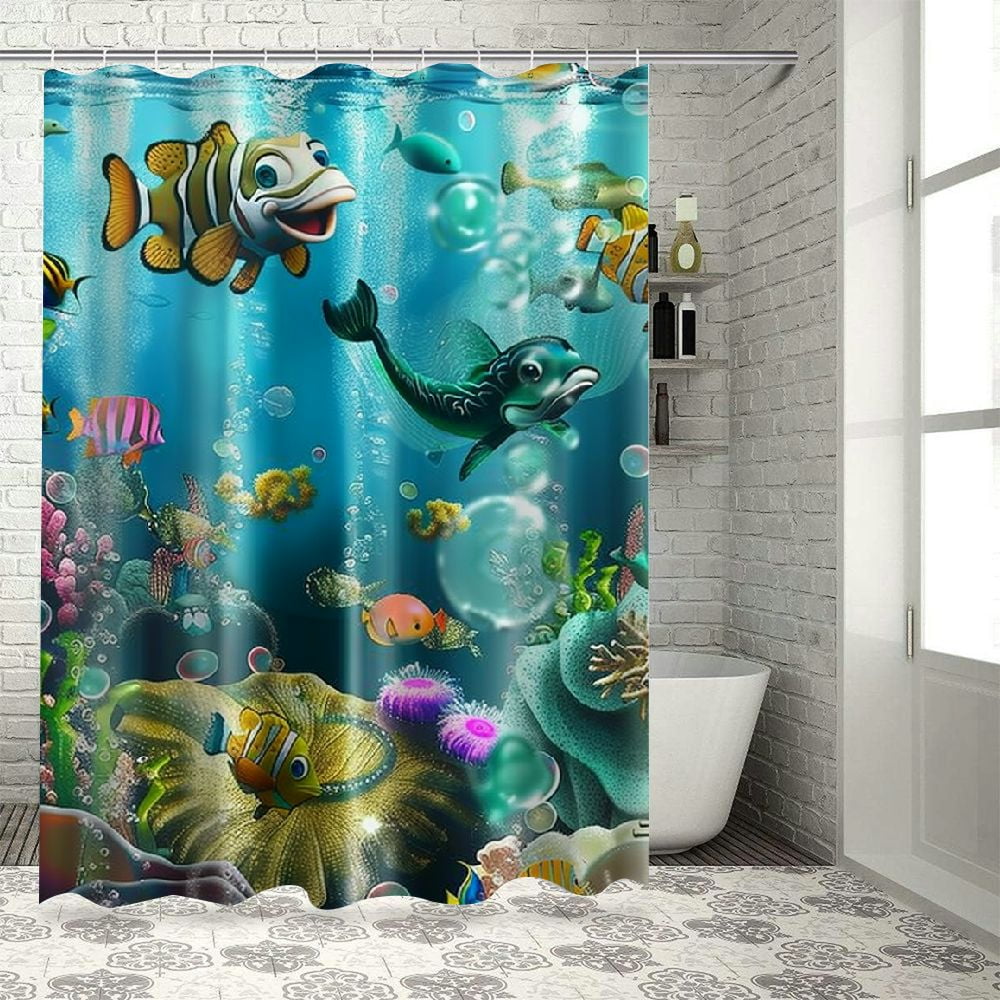 Orinice Kids Ocean Shower Curtain Set with Non-Slip Rug, Toilet Lid ...