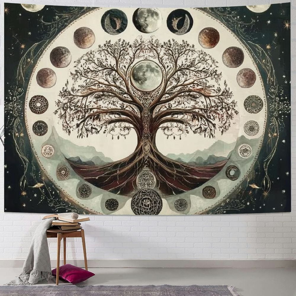 Orinice Moon Tapestry, Cosmic Themed Lunar Circle with Tree of Life Leafy Mandala Details, Wall ...