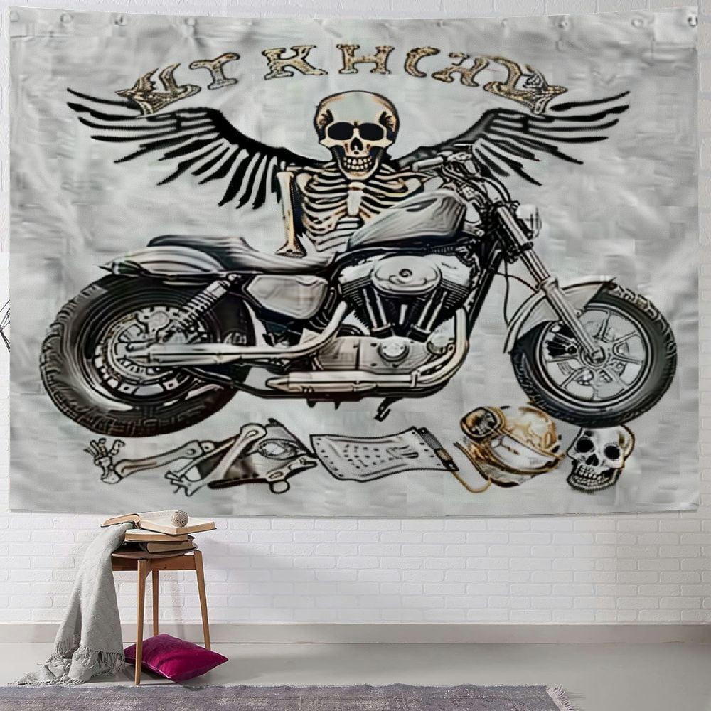 Orinice Motorcycle Tapestry, Evil Hipster Dead Skull Skeleton Motorbike ...