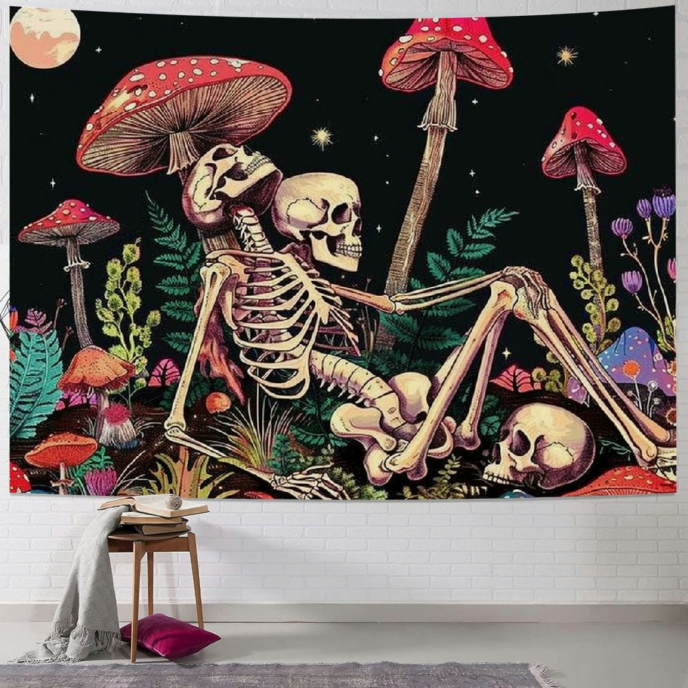Orinice Mushroom Skull Tapestry Skeleton Floral Tapestries Flower Plant ...