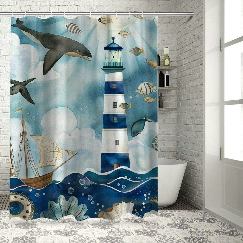 Orinice Nautical Sailboat Shower Curtain for Bathroom Watercolor Blue Ocean Lighthouse Compass ...