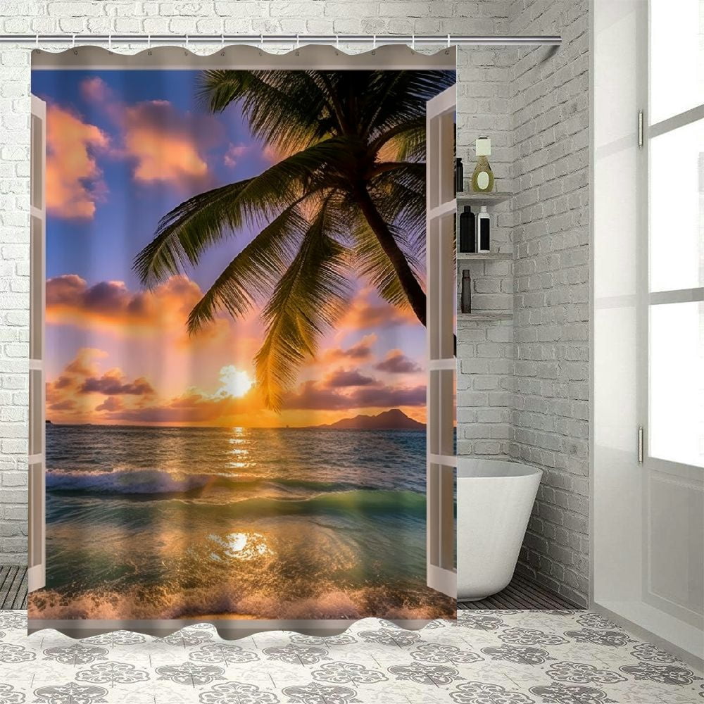 Orinice Ocean Beach Shower Curtain Sea Waves Tropical Palm Tree Sunset ...