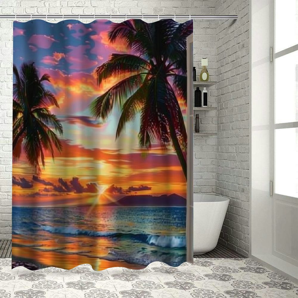 Orinice Ocean sunset shower curtain tropical sea beach clam tree sunset ...