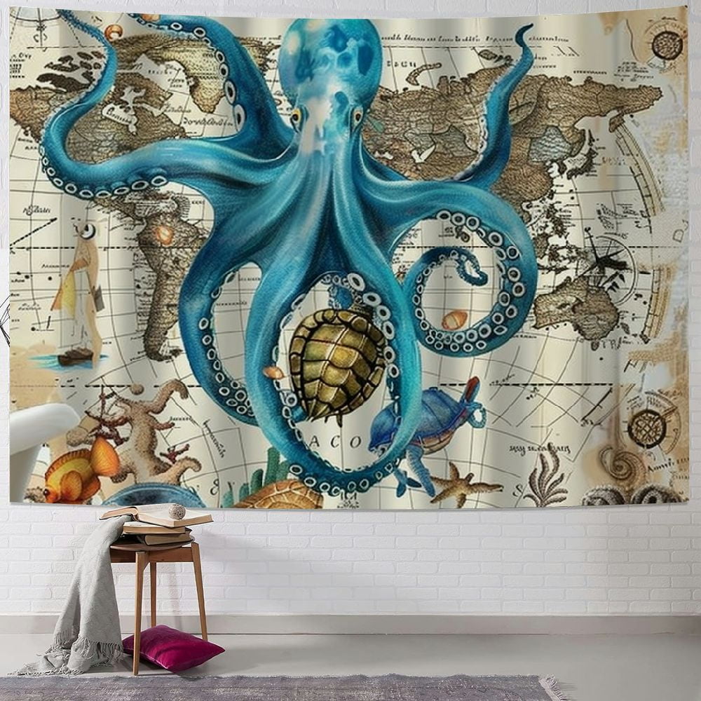 Orinice Octopus Sea Turtle Map Tapestry Wall Hanging Unique Style Home ...