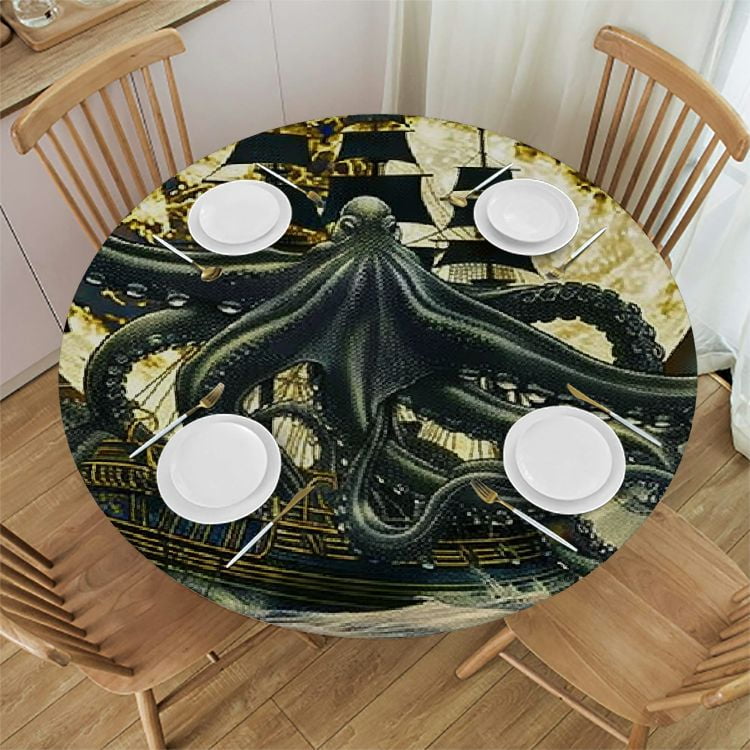 Orinice Octopus Ship Full Moon Round Table Cover, Stain Resistant ...