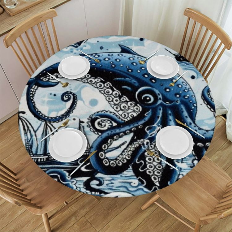 Orinice Octopus Whale Ship Round Table Cover Stain Resistant Washable ...