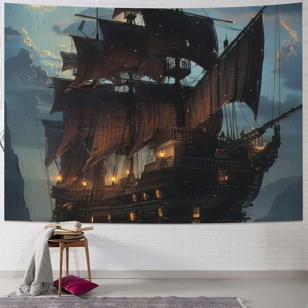 Orinice Pirate Ship Sails Full Moon Tapestry Wall Hanging Unique Style ...
