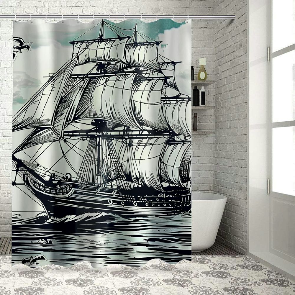Orinice Pirate Ship Shower Curtain, Nautical Line Art Style ...
