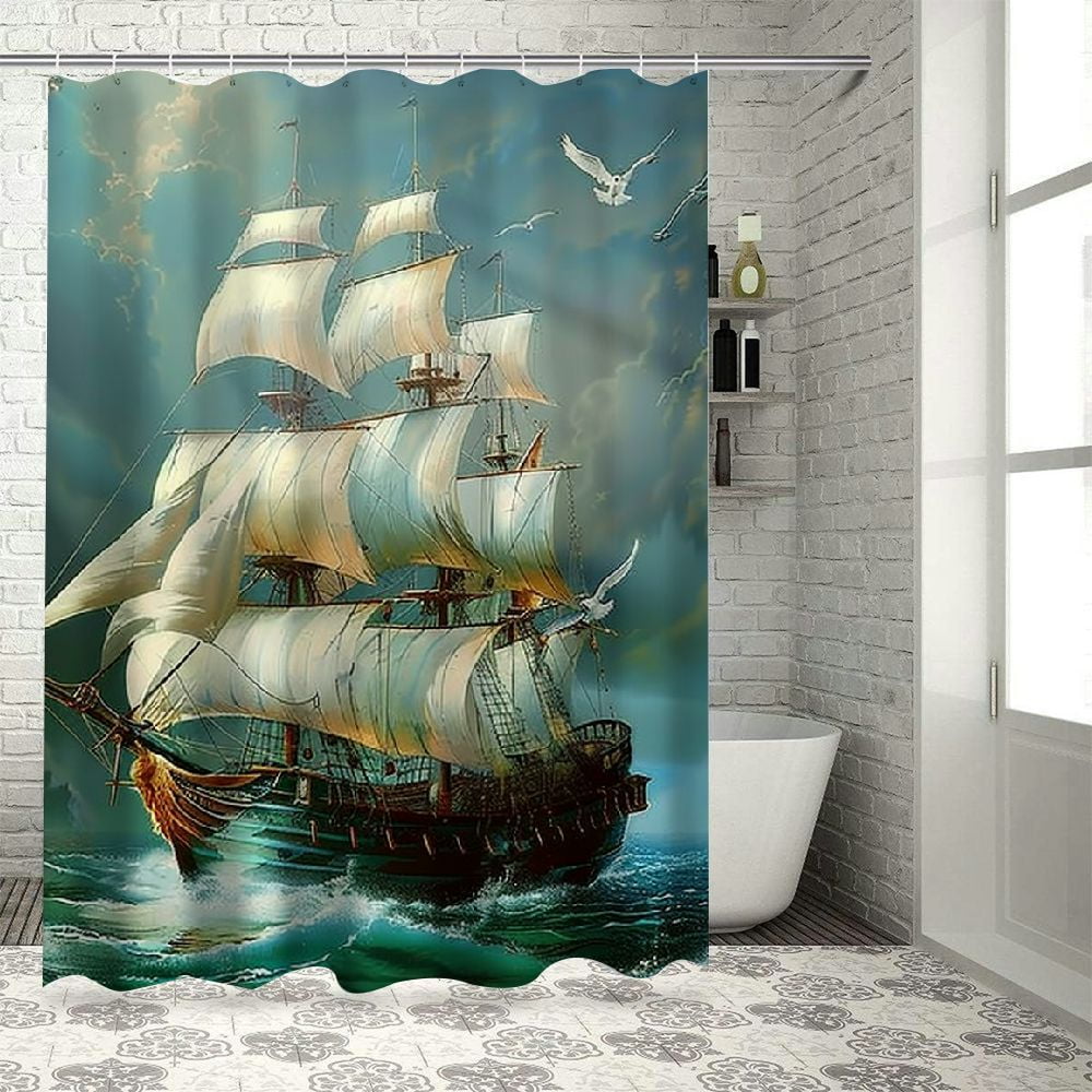 Orinice Pirate Ship Shower Curtain Nautical Sailing Sailboat Ocean ...