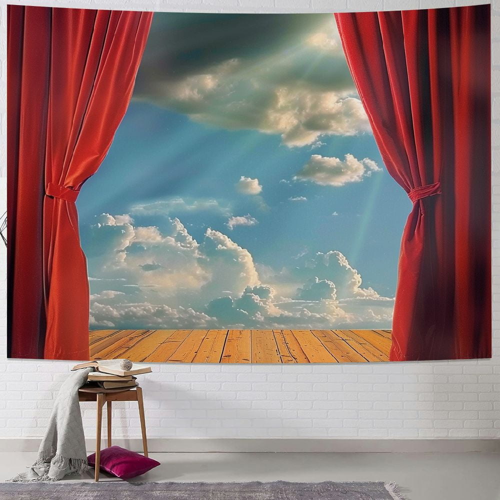 Orinice Red Curtain and Wooden Floor Sky Tapestry Wall Hanging Unique ...