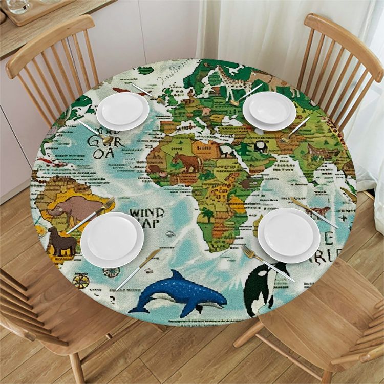 Orinice Round Tablecloth World Map Animals Tapestry - Stain Resistant ...