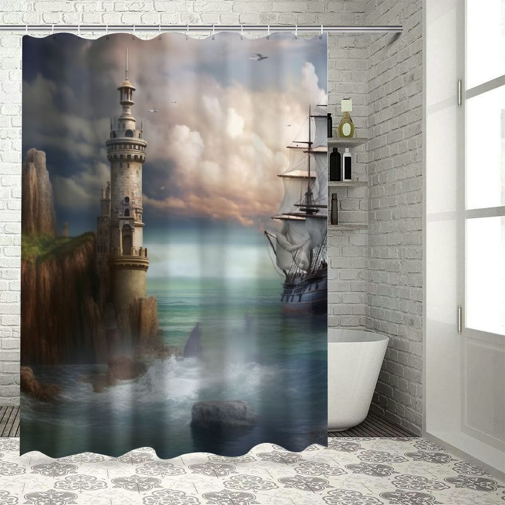 Orinice Sailboat Shower Curtain, Pirate Merchant Shipnchored in The Bay ...