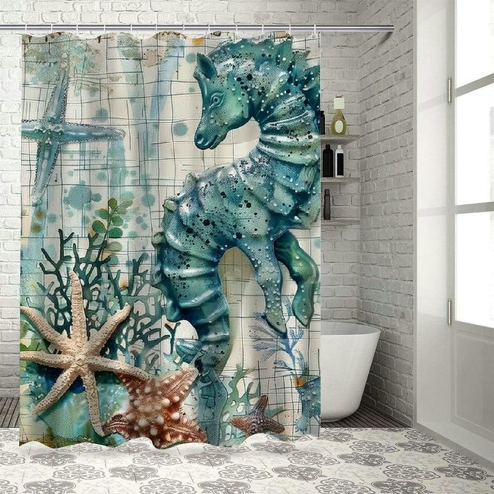 Orinice Sea Turtle Seahorse Shower Curtain Teal Green Marine Life Funny ...
