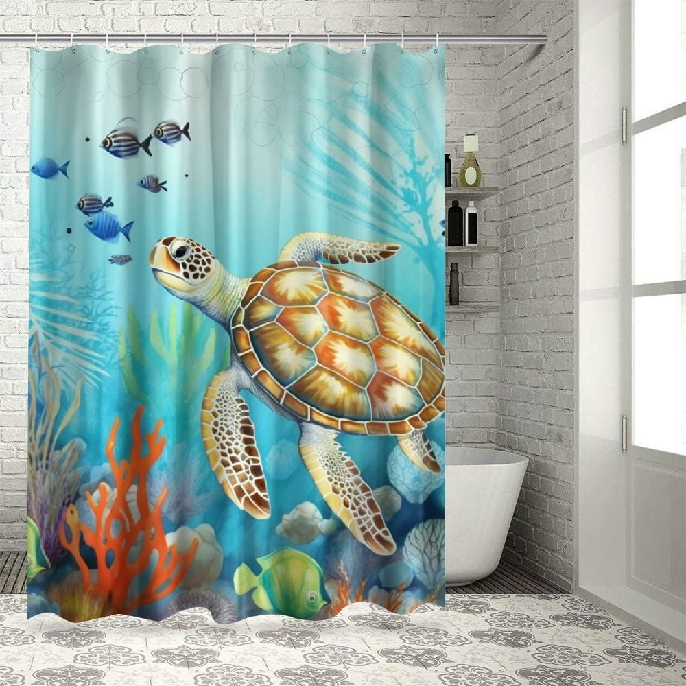 Orinice Sea Turtle Shower Curtain, Coastal Beach Coral Shower Curtain ...