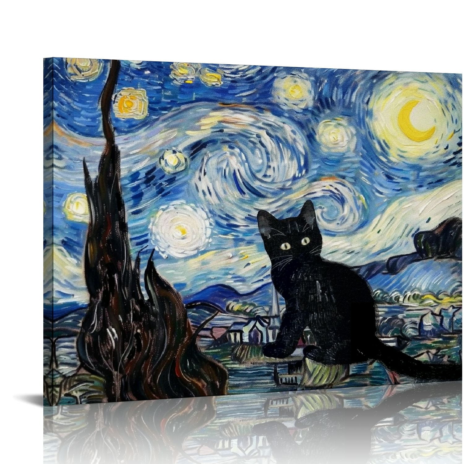 Orinice The Black Cat Looks At Thestarry Night Prints Painting Retro ...