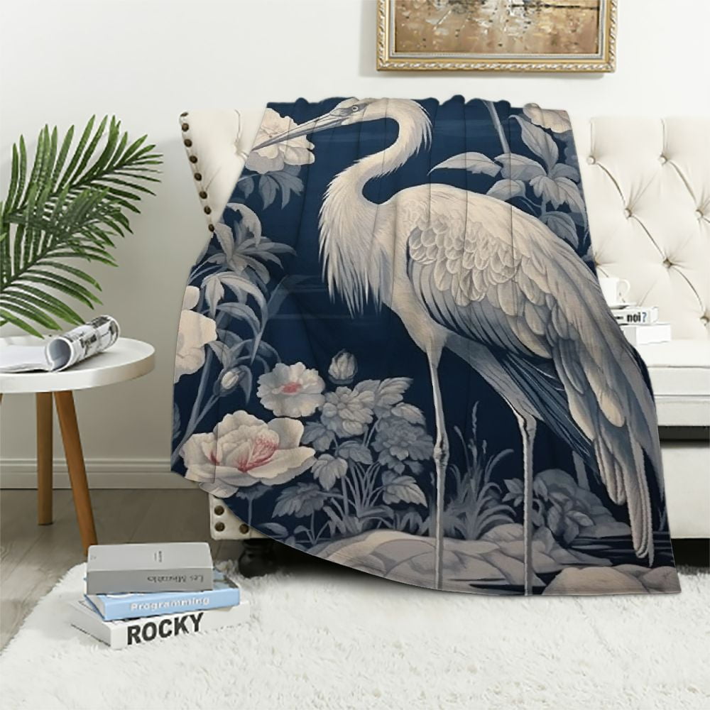 Orinice Throw Blanket Chinoiserie Crane Bird Peacock Fleece Blanket Asian Scenic Chinoiserie ...