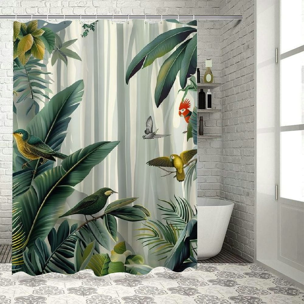 Orinice Tropical Leaves Shower Curtain Green Gold Palm Leaf Hummingbird ...