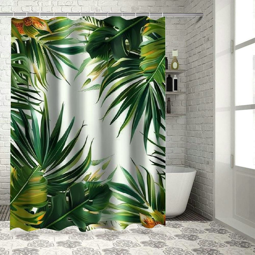 Orinice Tropical green leaf shower curtain watercolor plant palm turtle ...