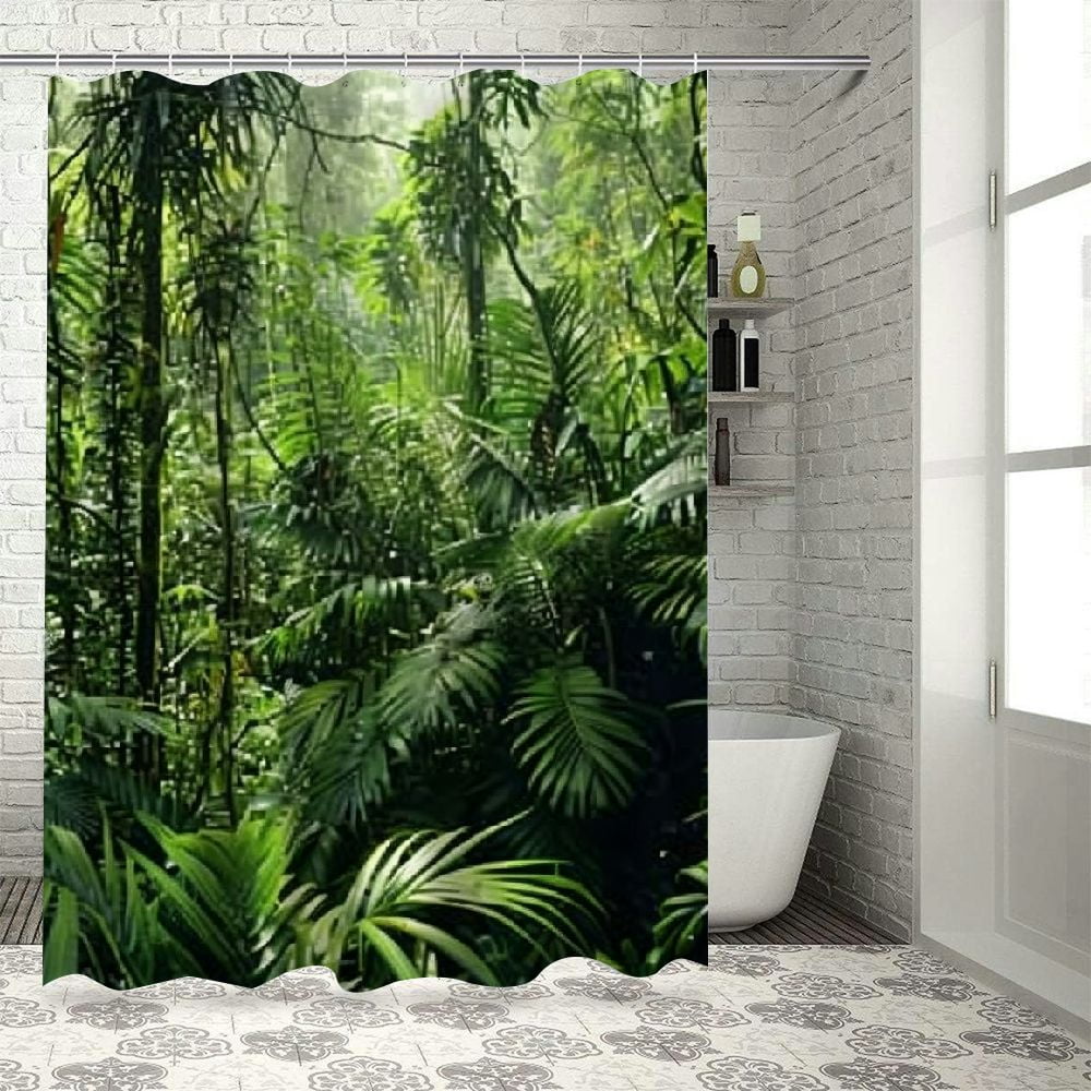 Orinice Tropical rainforest shower curtain, jungle plants, green ...