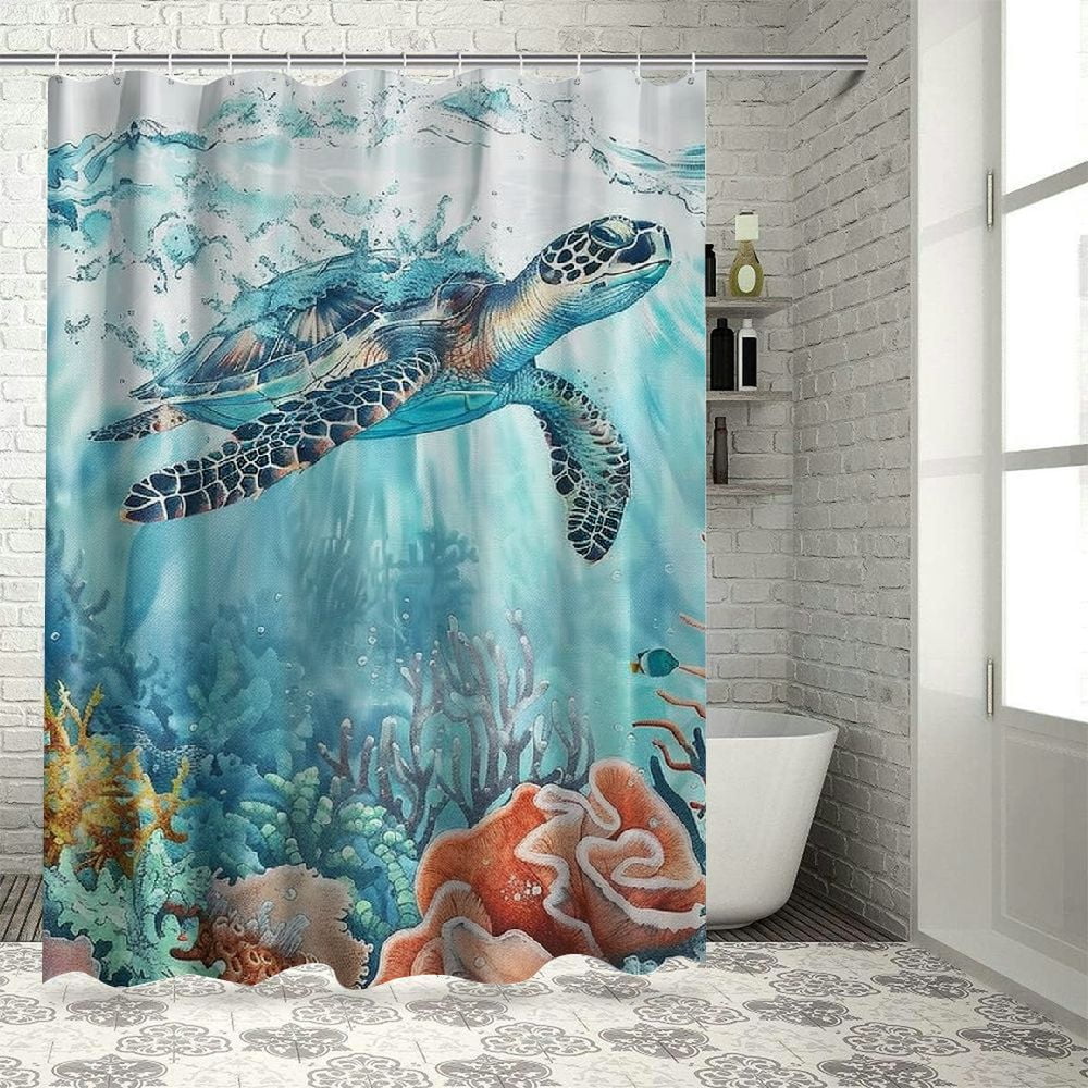 Orinice Turtle Beach Shower Curtain, Watercolor Octopus Blue Teal Ocean ...