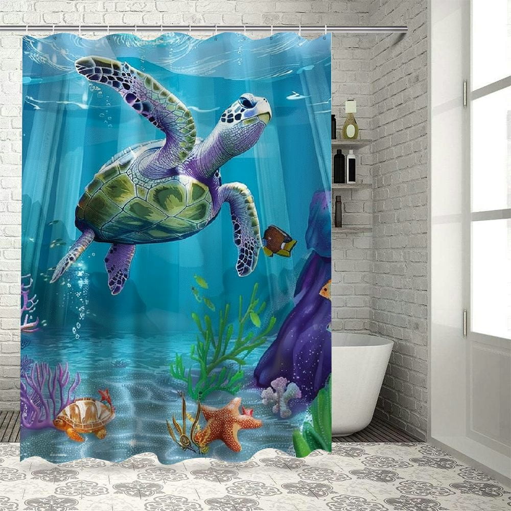 Orinice Turtle Shower Curtain, Underwater World Style Illustration ...