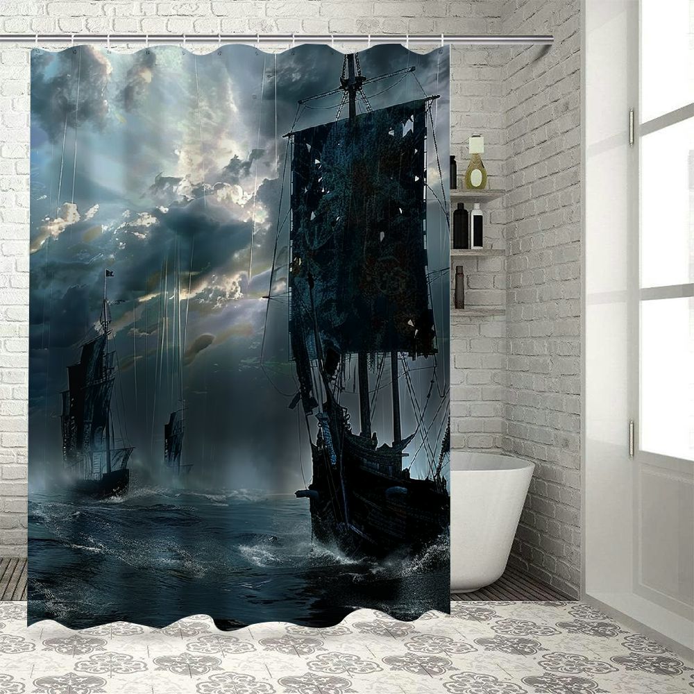 Orinice Viking Ship Shower Curtain Black Vikings Dragon Ship Sailing on ...