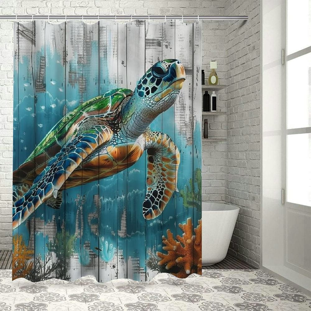 Orinice Watercolor Sea Turtle Shower Curtain Set, Marine Life on Rustic ...