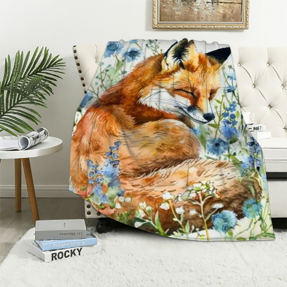 Orinice Watercolor Sleeping Fox Fleece Throw Blanket Ultra Soft Cozy ...