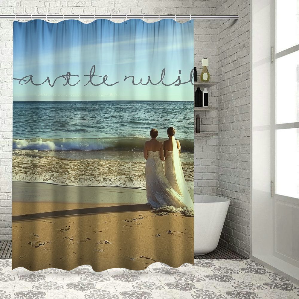 Orinice Wedding Shower Curtain, Just Married Written on Sandy Beach ...