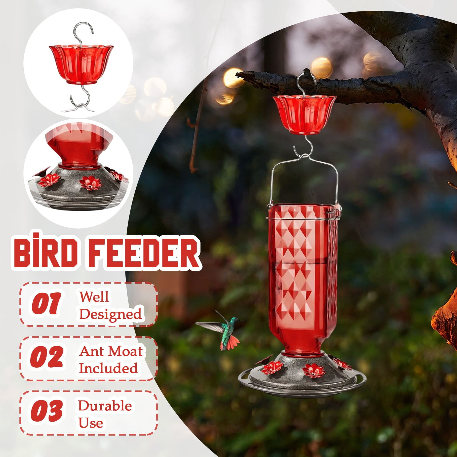 Oriole Feeder, Premium Glass Hummingbird Feeder with Perch, Leak-Proof Design, Easy to Clean, 32 ...