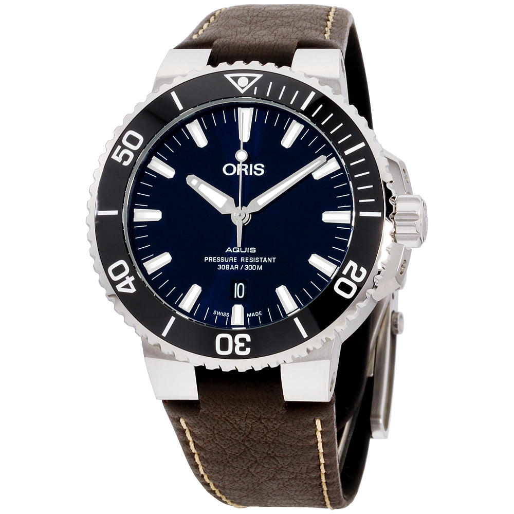Oris Aquis Blue Dial Leather Strap Men's Watch 73377304135LSDRKBRN ...