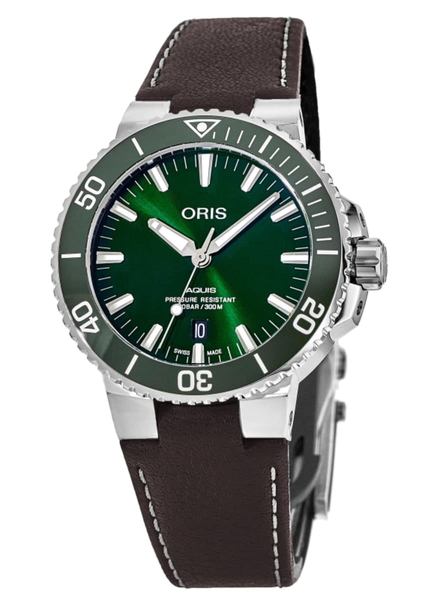 Oris Aquis Date Green Dial Brown Leather Strap Men's Watch 01 733 7732 ...
