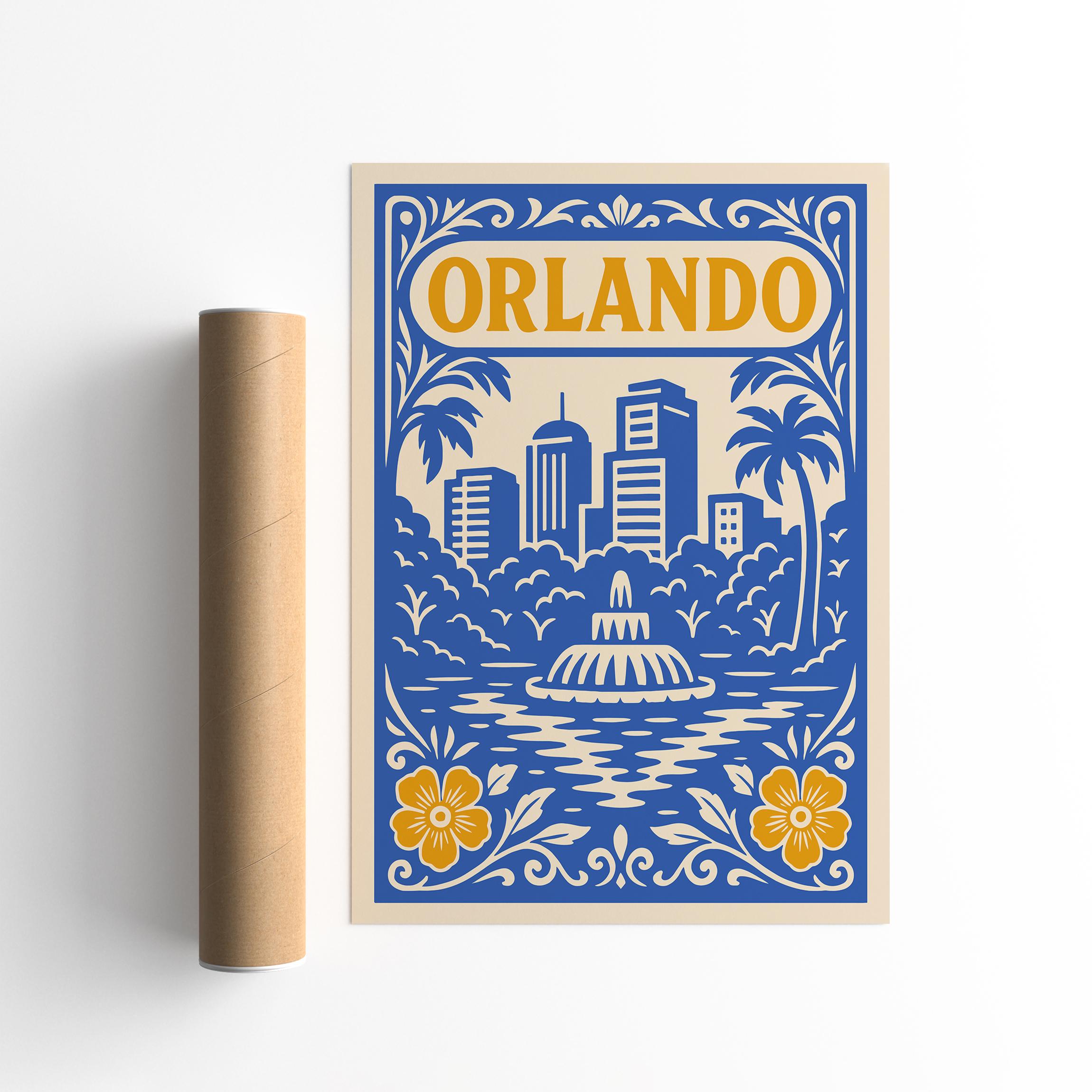 Orlando City Art Print, Modern Blue & Yellow Florida Travel Poster ...